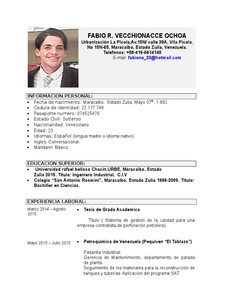 Curriculum Vitae Ing. Fabio Vecchionacce (Español 2015) | PDF | Educación avanzada | Business