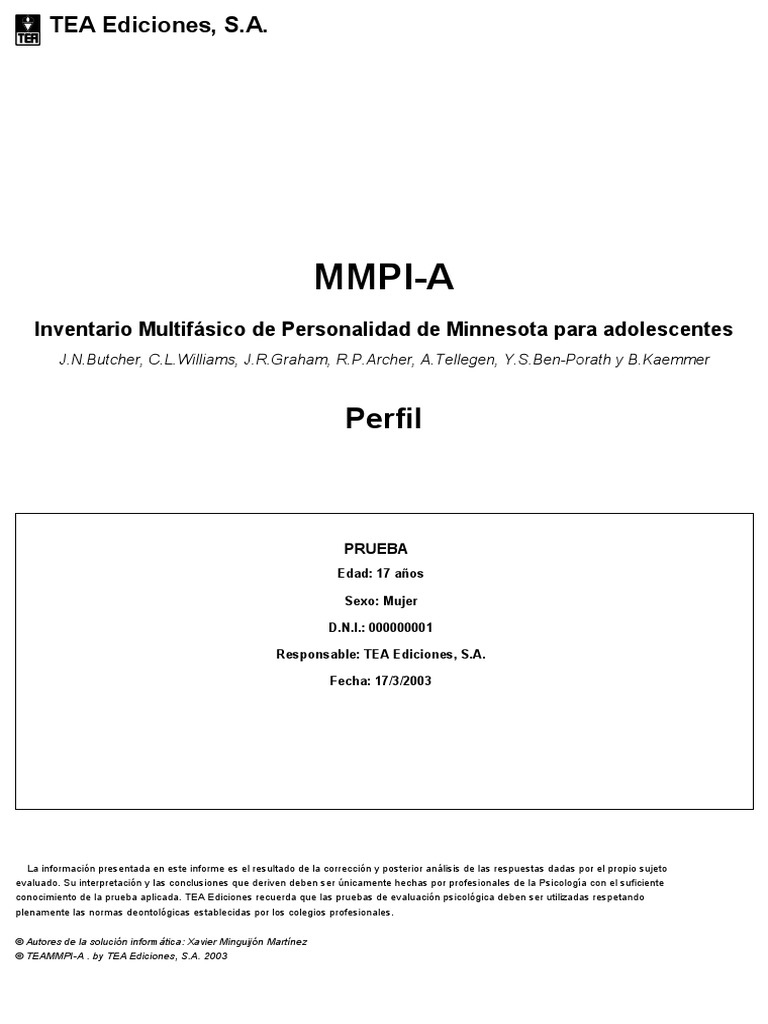 MMPI-A (Muestra de Informe, Ejemplo de Perfil) (TEA) | PDF | Enfermedades y trastornos ...