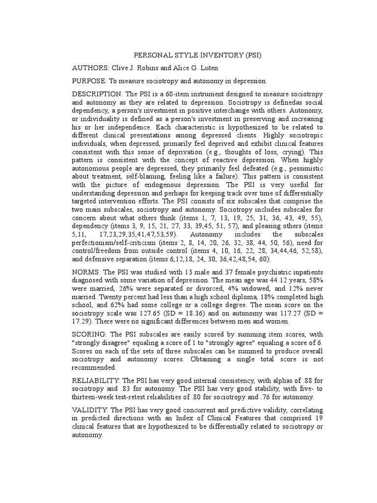 Personal Style Inventory Overview | PDF | Autonomy | Neuroscience