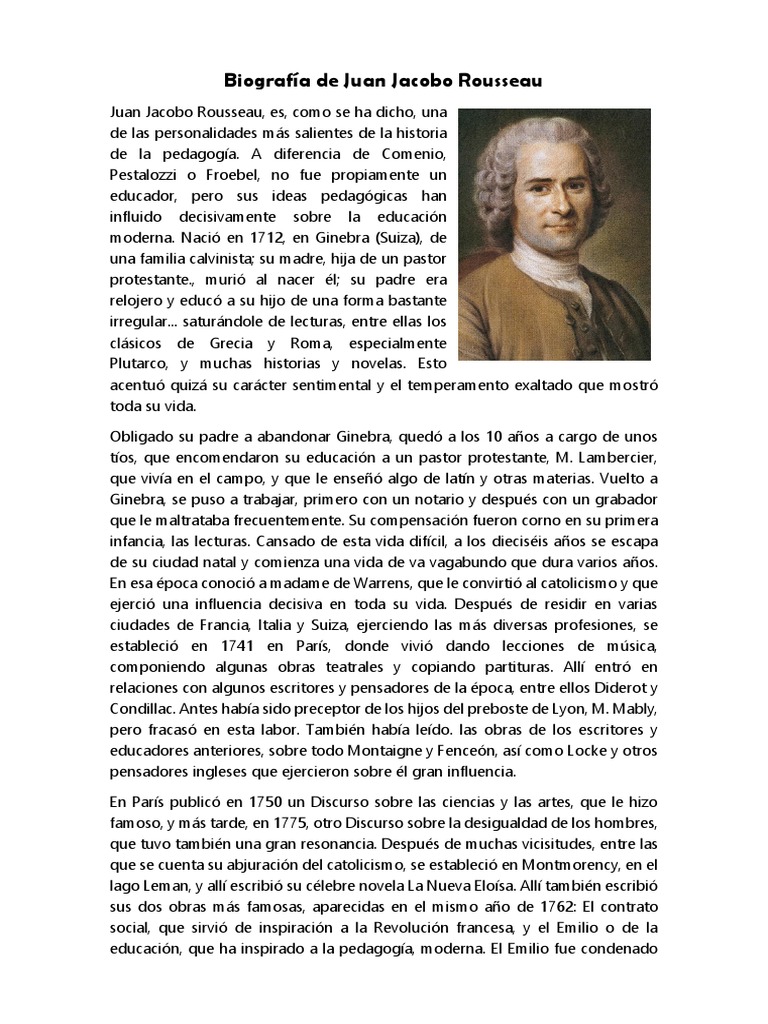 Biografía de Juan Jacobo Rousseau | PDF | Emile, o sobre educación ...