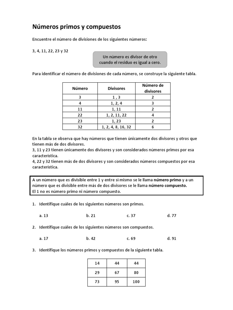 Números Primos y Compuestos: Identificación | PDF