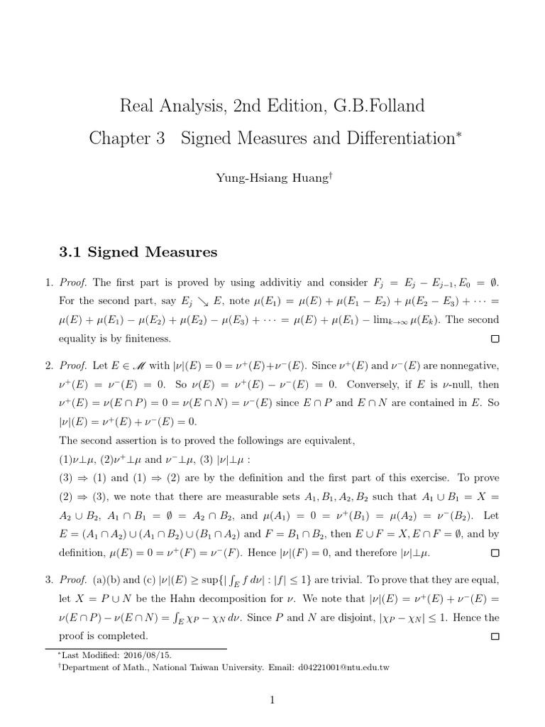 Folland Real Analysis Solution Chapter 3 Sign Measures and Differentiation | PDF | Measure ...