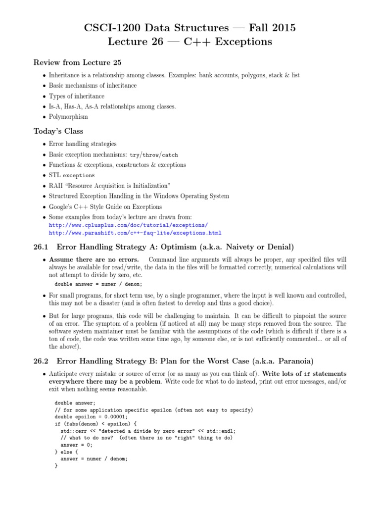 CSCI-1200 Data Structures - Fall 2015 Lecture 26 - C++ Exceptions | PDF | C++ | Systems Engineering