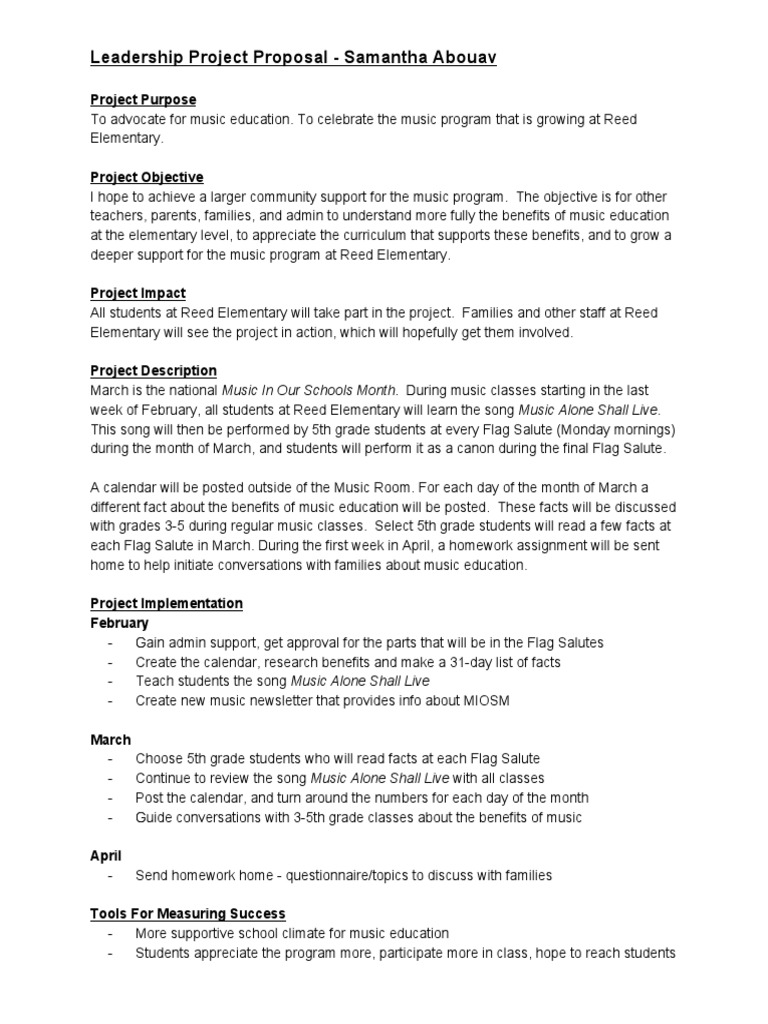 Leadership Project Proposal - Samantha Abouav | PDF | Homework | Music ...
