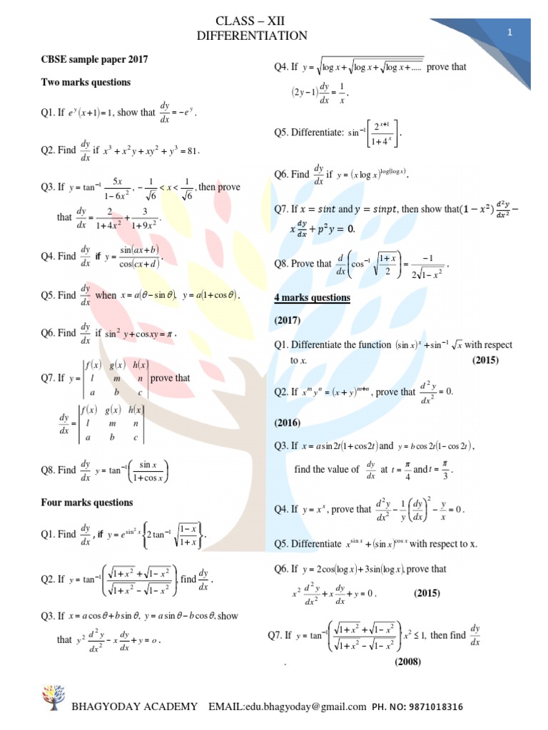 Class - Xii Differentiation: CBSE Sample Paper 2017 Two Marks Questions ...