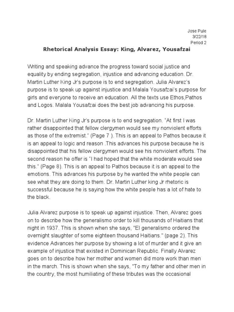 Rhetorical Analysis: King, Alvarez, Yousafzai | PDF | Malala Yousafzai