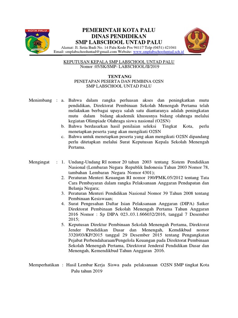 Penetapan Peserta O2SN SMP Palu 2019 | PDF | Sains & Matematika