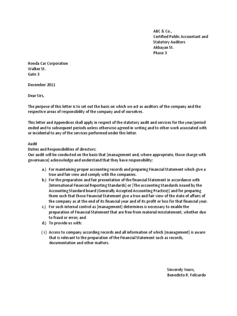 Sample Letter For Audit Services | PDF | Audit | Financial Statement