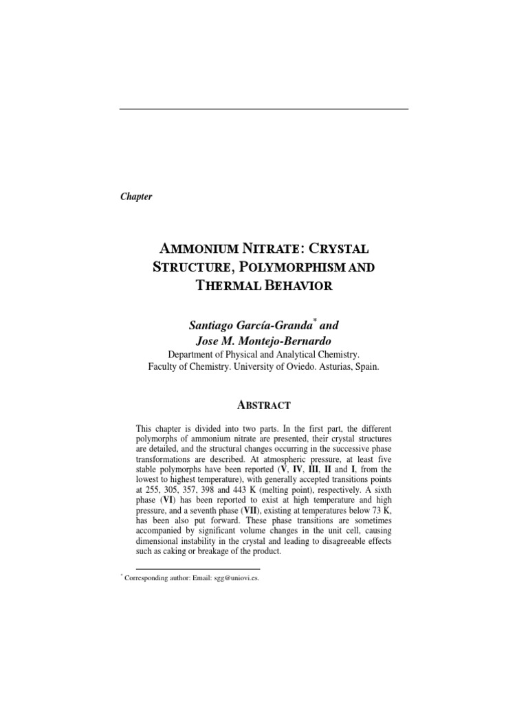 Ammonium Nitrate Crystal Structure, Polymorphism and Thermal Behavior ...