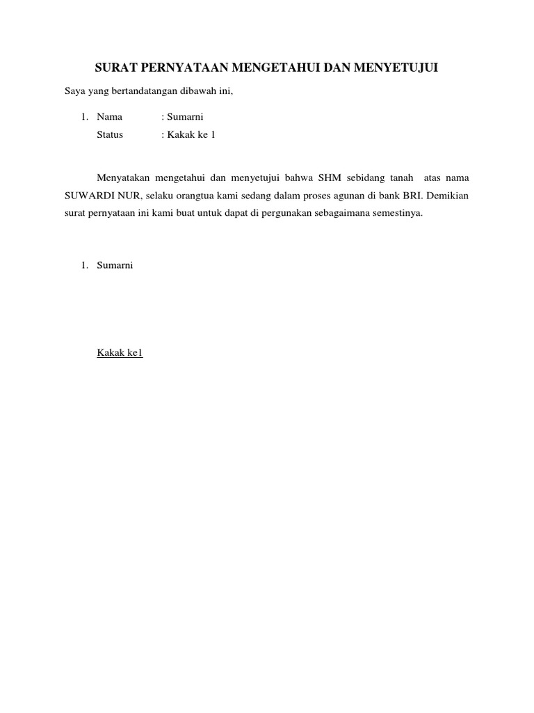 Surat Pernyataan Mengetahui Dan Menyetujui 2 | PDF