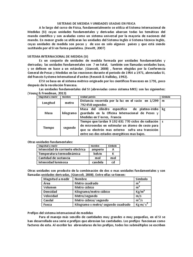 Sistemas de Medidas y Unidades Usadas en Física | PDF | Sistema ...