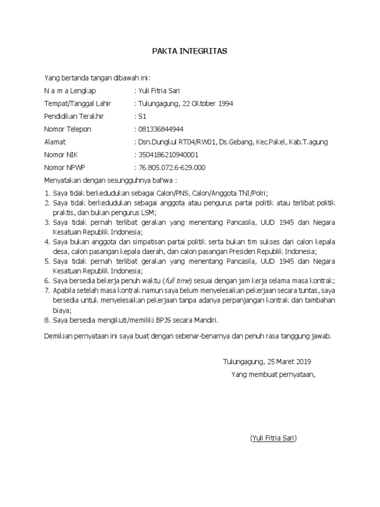 Form Pakta Integritas | PDF
