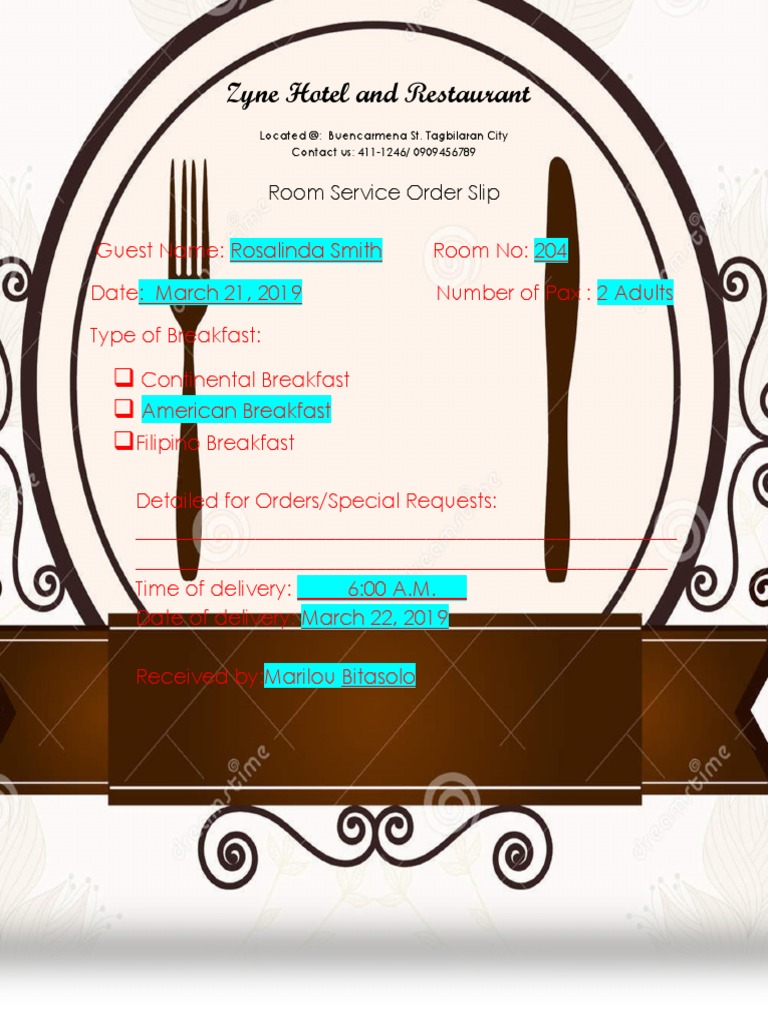 Zyne Hotel Room Service Order Form | PDF | Cooking, Food & Wine