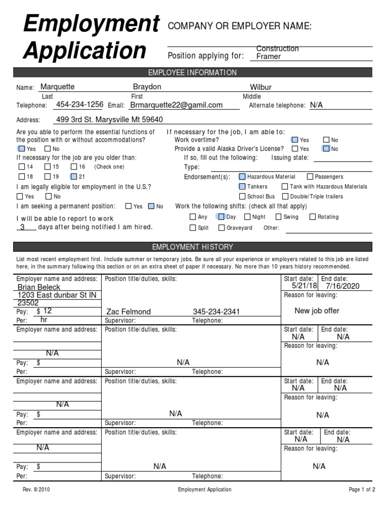 blank general employment application form | Employment | Labour