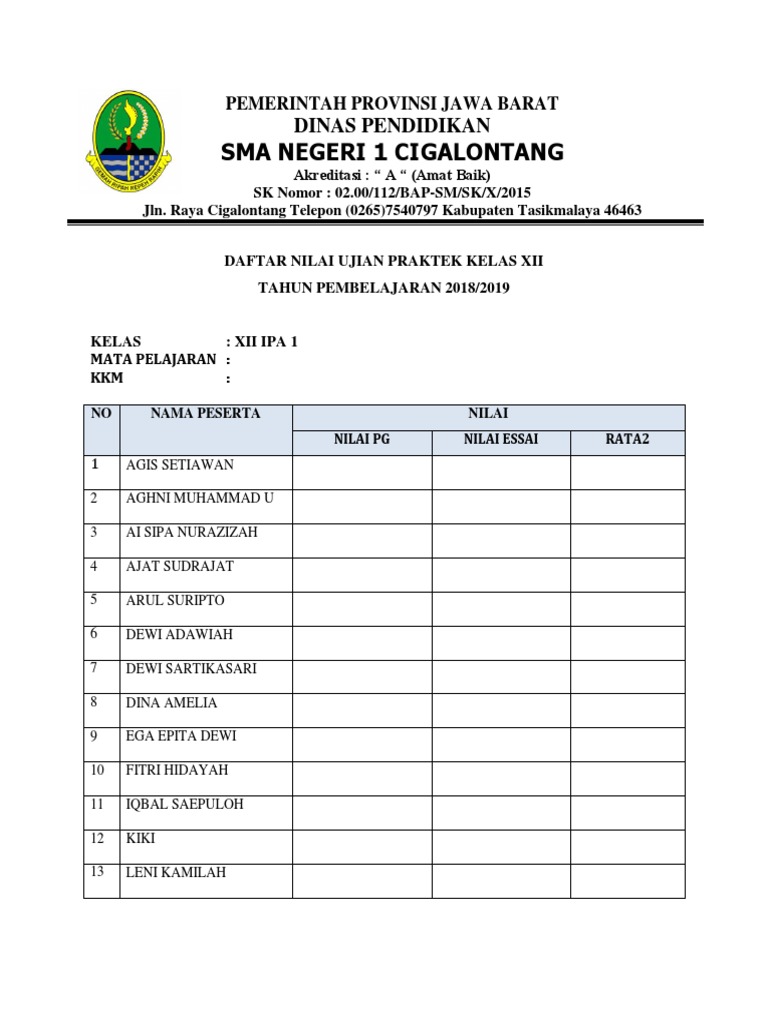 Daftar Nilai Us | PDF