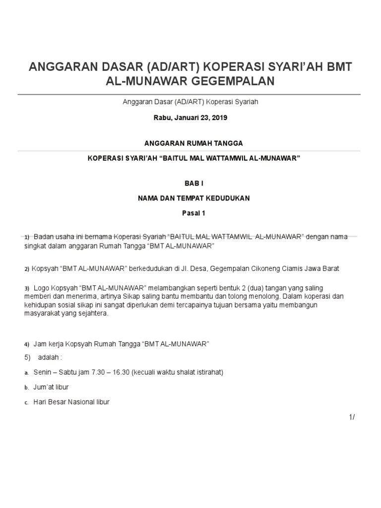 Contoh Anggaran Dasar Ad Art Koperasi Syariah Pdf 