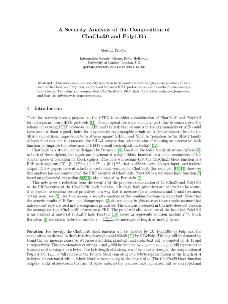 Cryptographic Security of ChaCha20 & Poly1305 | PDF | Cyberwarfare ...