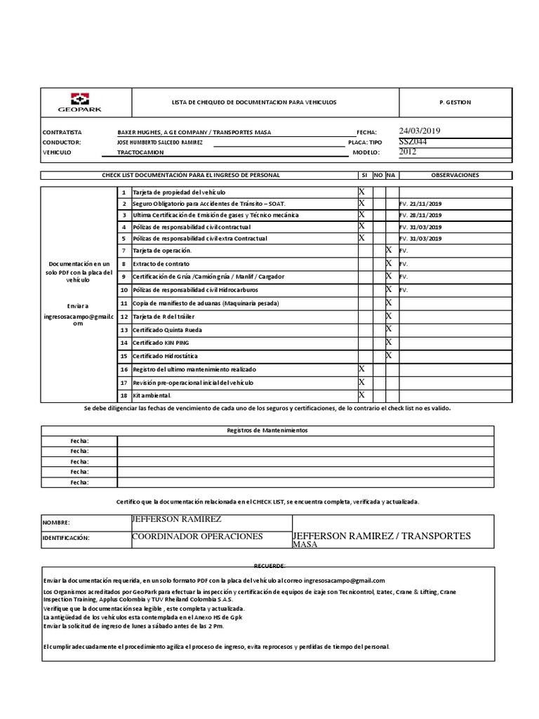 Check List Ingreso A Campo - GeoPark | PDF | Transporte Check List Ingreso A Campo - GeoPark | PDF | Transporte