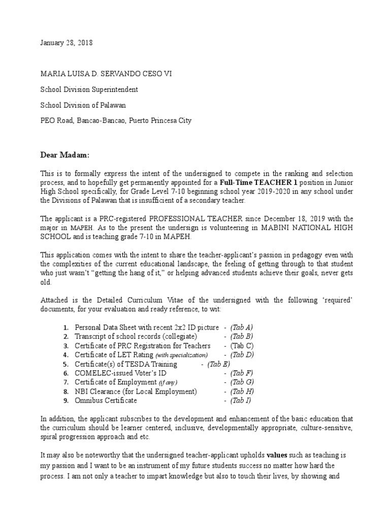Sample - Letter of Application (Teacher 1 in Elem & JHS) | PDF | Change | Teachers