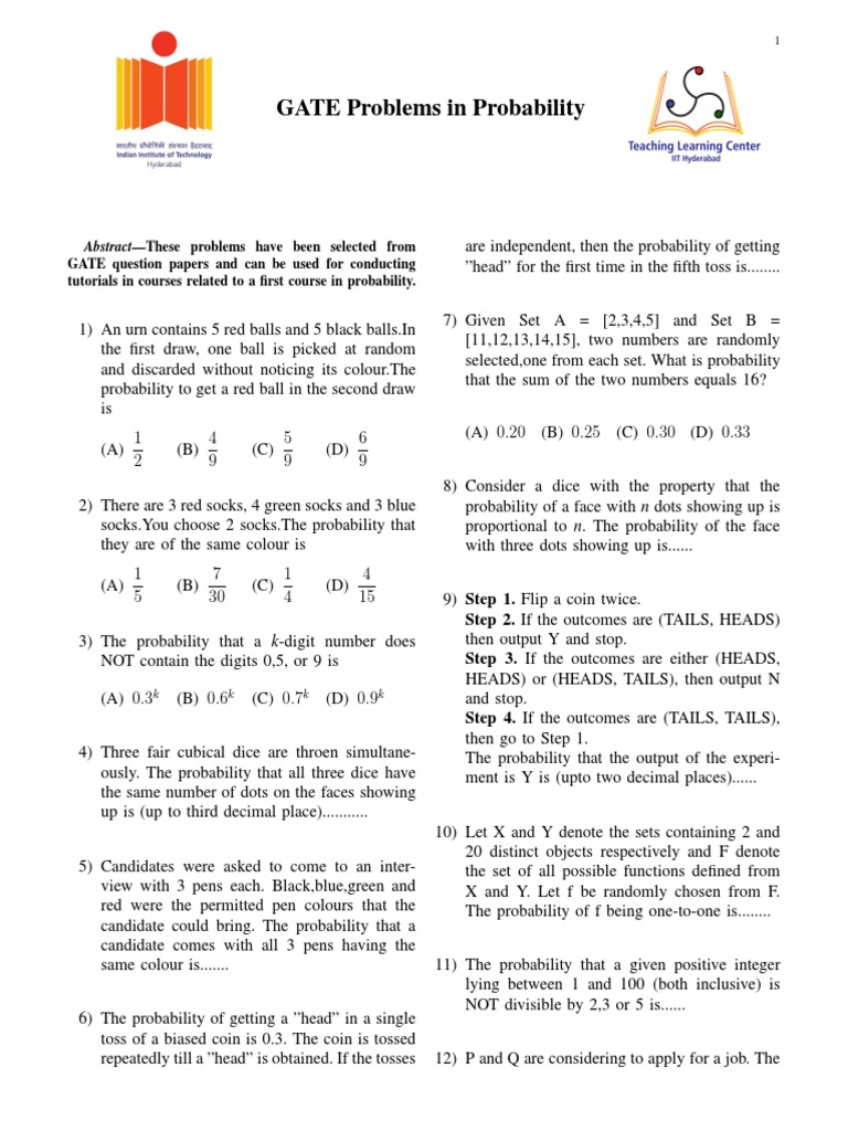 Gate Problems In Probability Pdf Random Variable Probability