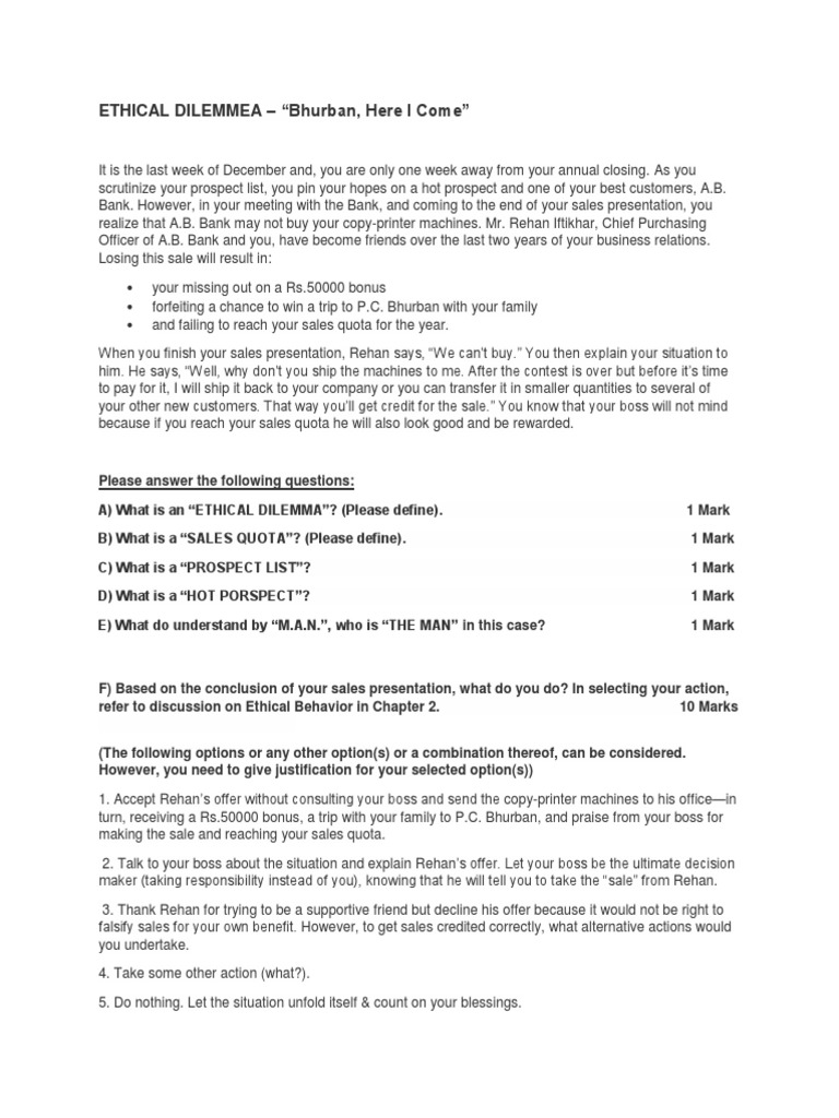ETHICAL DILEMMEA Case Study Final Exam | PDF