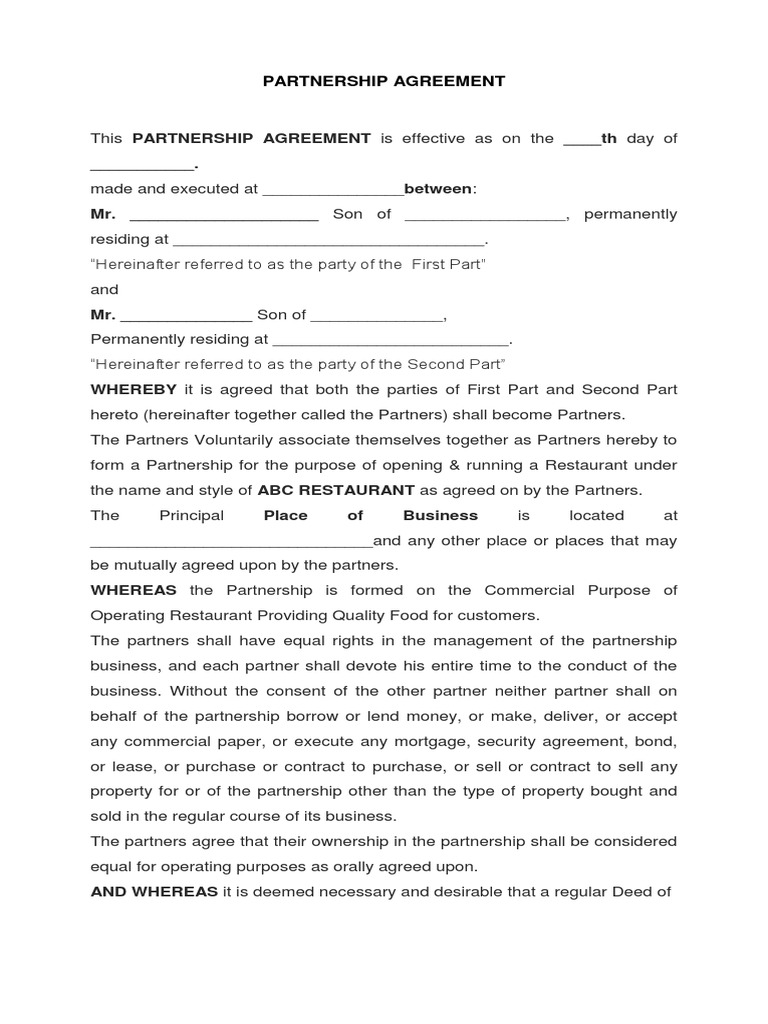 Restaurant Partnership Agreement | PDF | Partnership | Civil Law (Legal ...