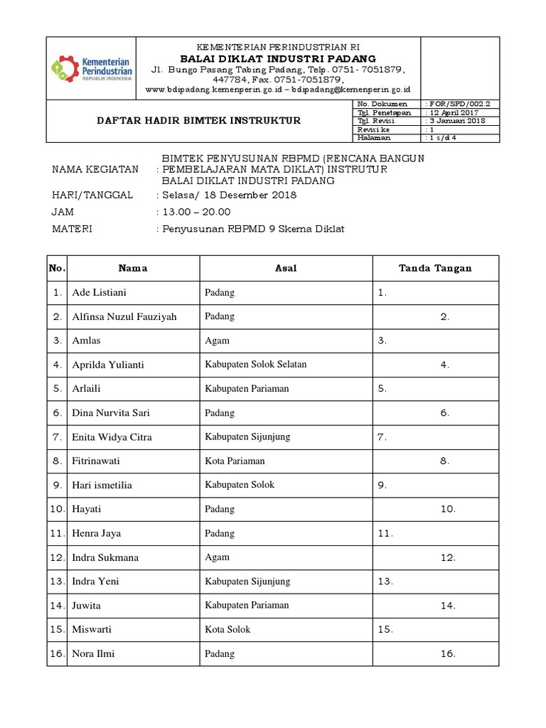 Daftar Hadir Bimtek Instruktur | PDF