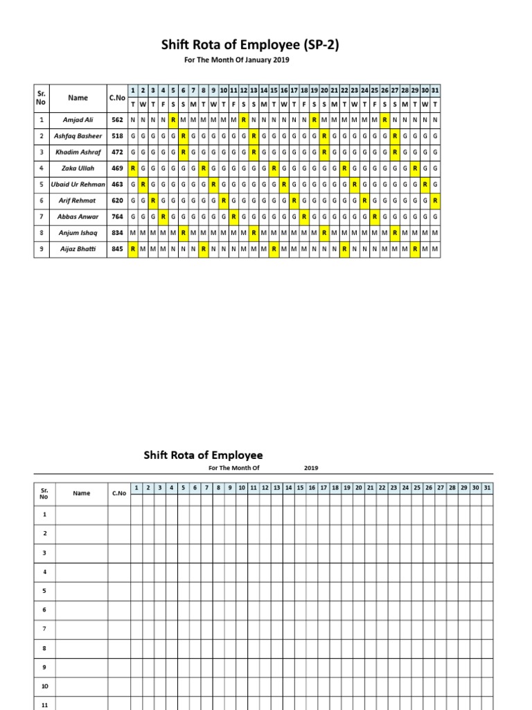 Shift Rota of Employee (SP-2) : For The Month of January 2019 | PDF