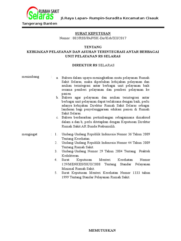 SK Pap 1 Kebijakan Asuhan Pasien Seragam | PDF