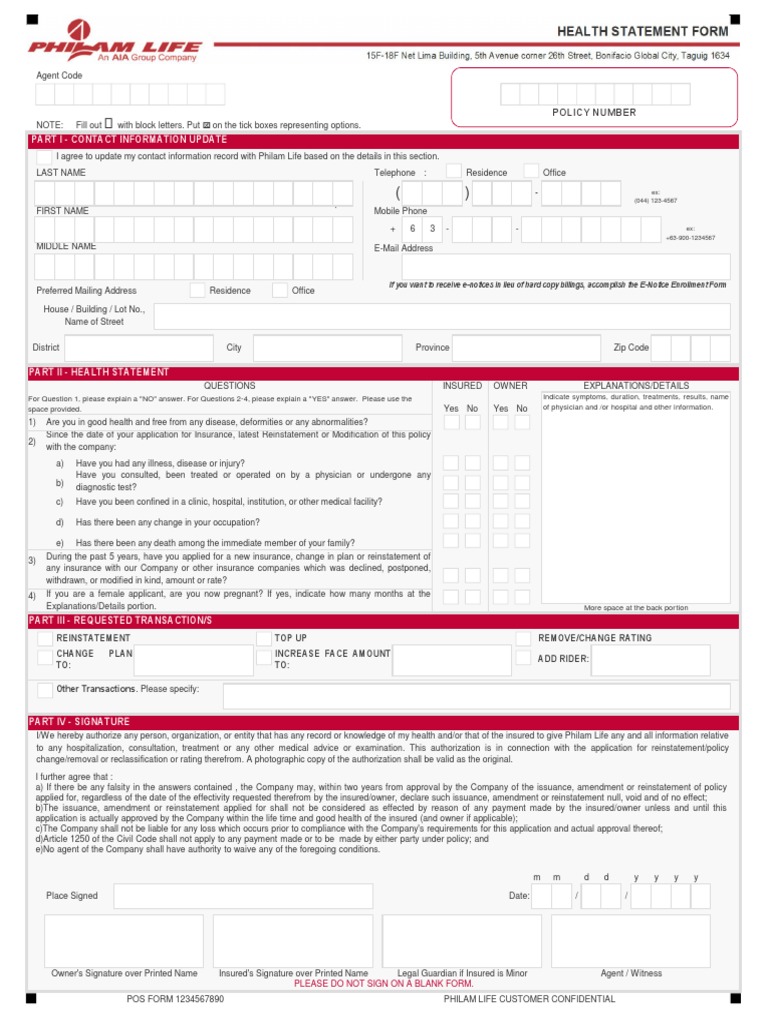 Philam Life Health Update Form | PDF | Insurance | Hospital