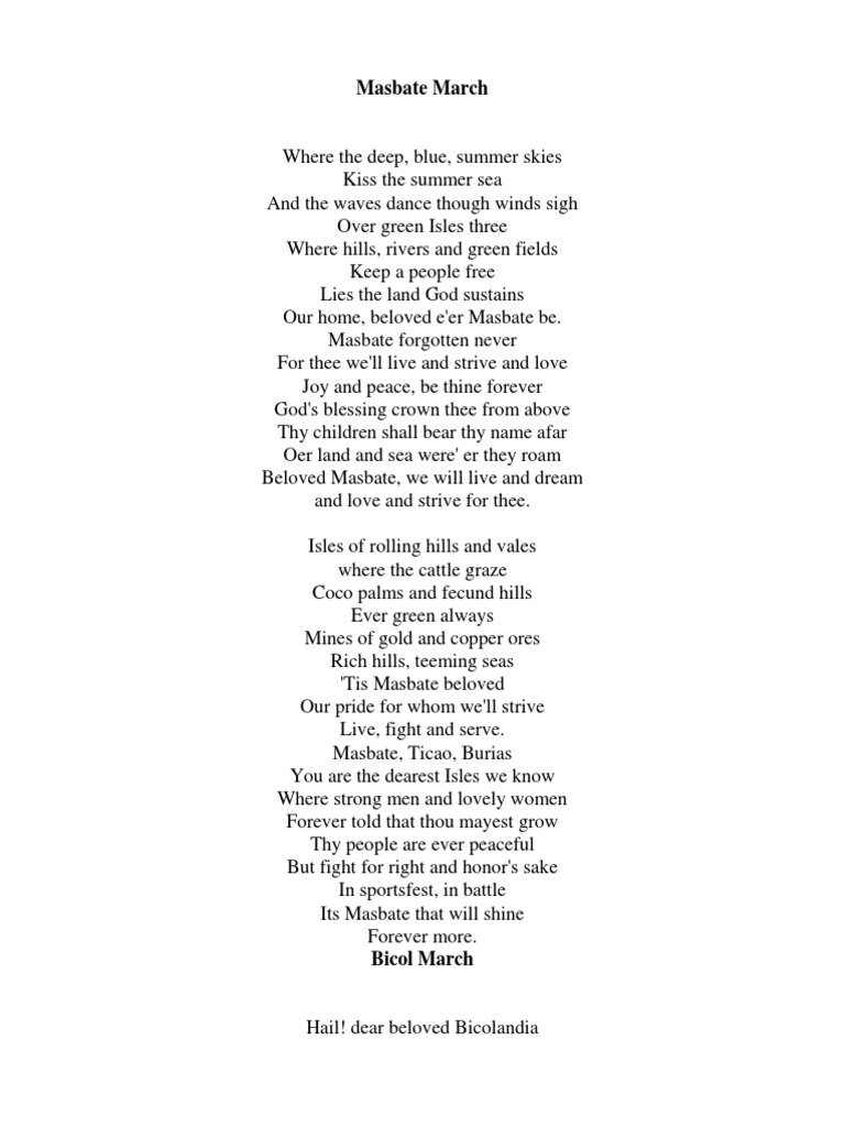 Masbate March and Bicol Hymn Lyrics | PDF