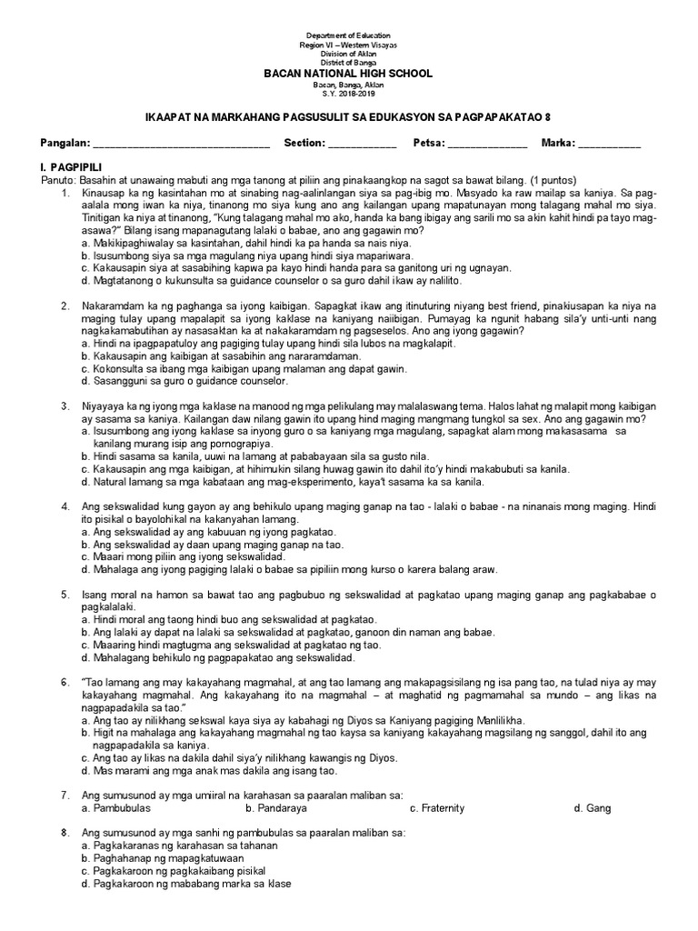 4th Quarter Exam in Esp8 | PDF