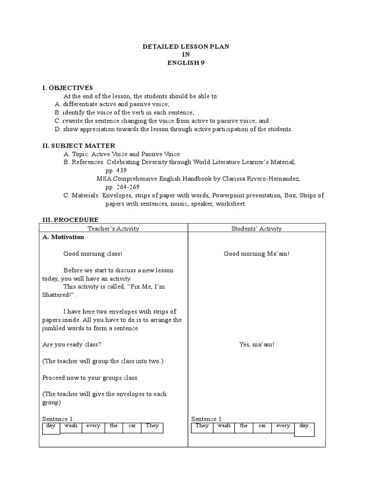 Active and Pasive Voice Detailed Lesson Plan | PDF | Perfect (Grammar ...