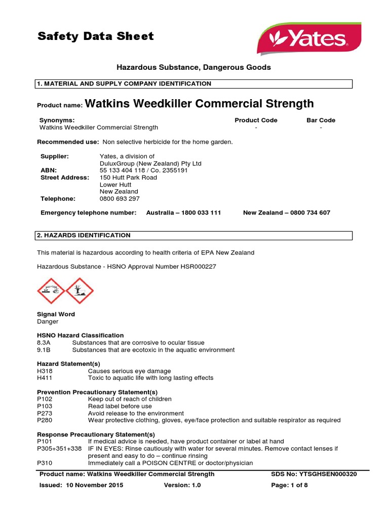 Watkins Weedkiller Safety Data Sheet | PDF | Dangerous Goods | Safety