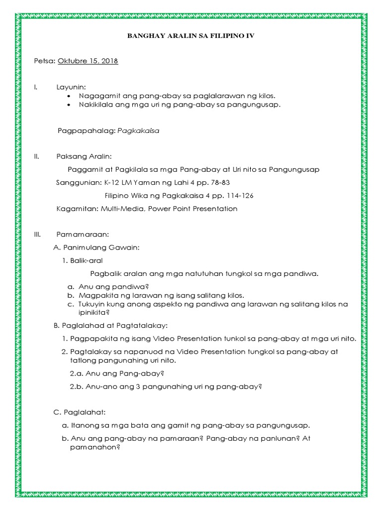 Banghay Aralin Sa Filipino Iv - 1st Observation (Pang-Abay) | PDF