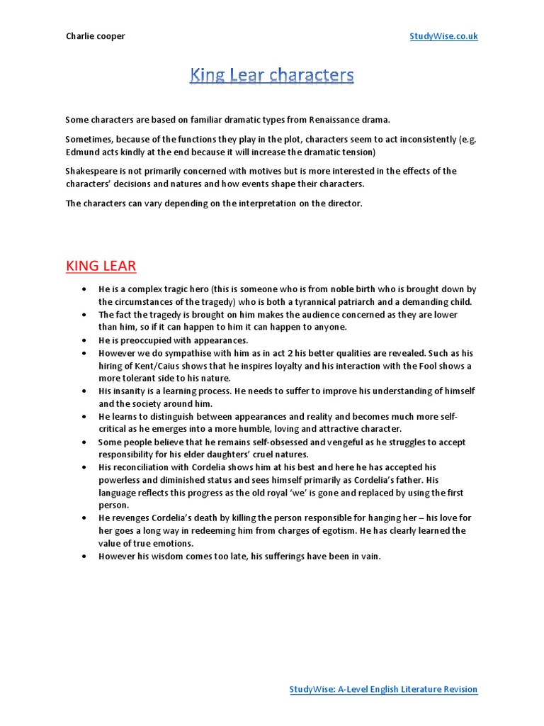 King Lear Characters | PDF | King Lear