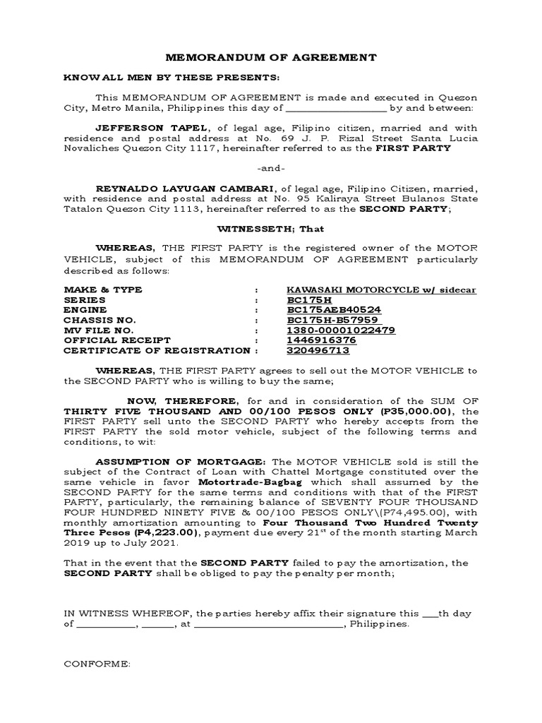 MEMORANDUM OF AGREEMENT of Sale | PDF | Mortgage Loan | Private Law
