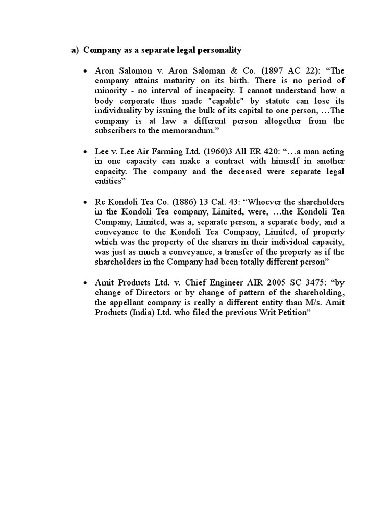 Company As A Separate Legal Personality | PDF