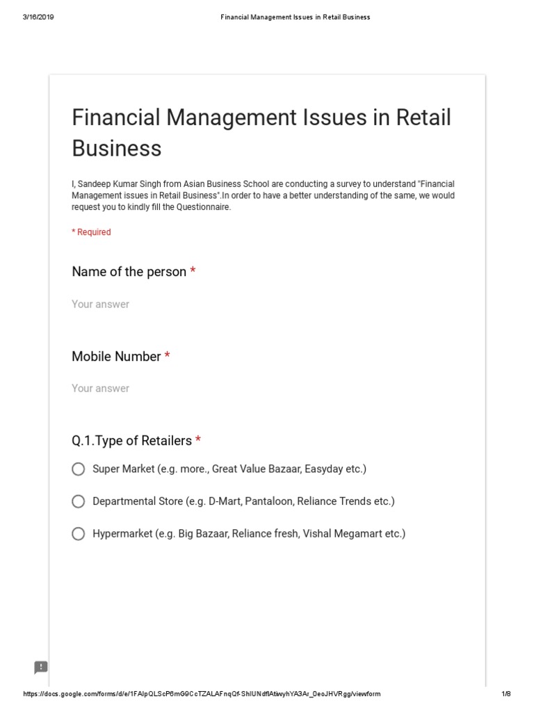 Financial Management Issues in Retail Business: Name of The Person ...