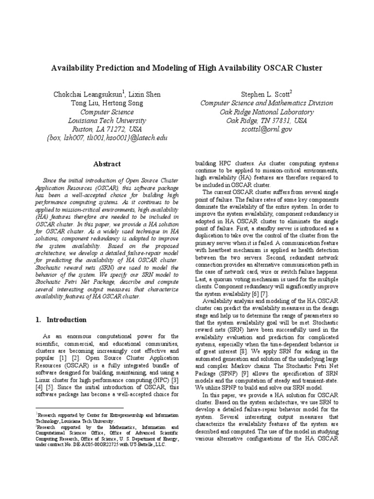 Modeling High Availability in Open Source Cluster Application Resources (OSCAR) Clusters Using ...