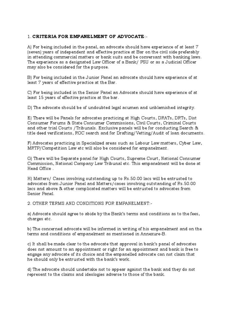 Criteria For Empanelment of Advocate | PDF | Advocate | Real Estate ...