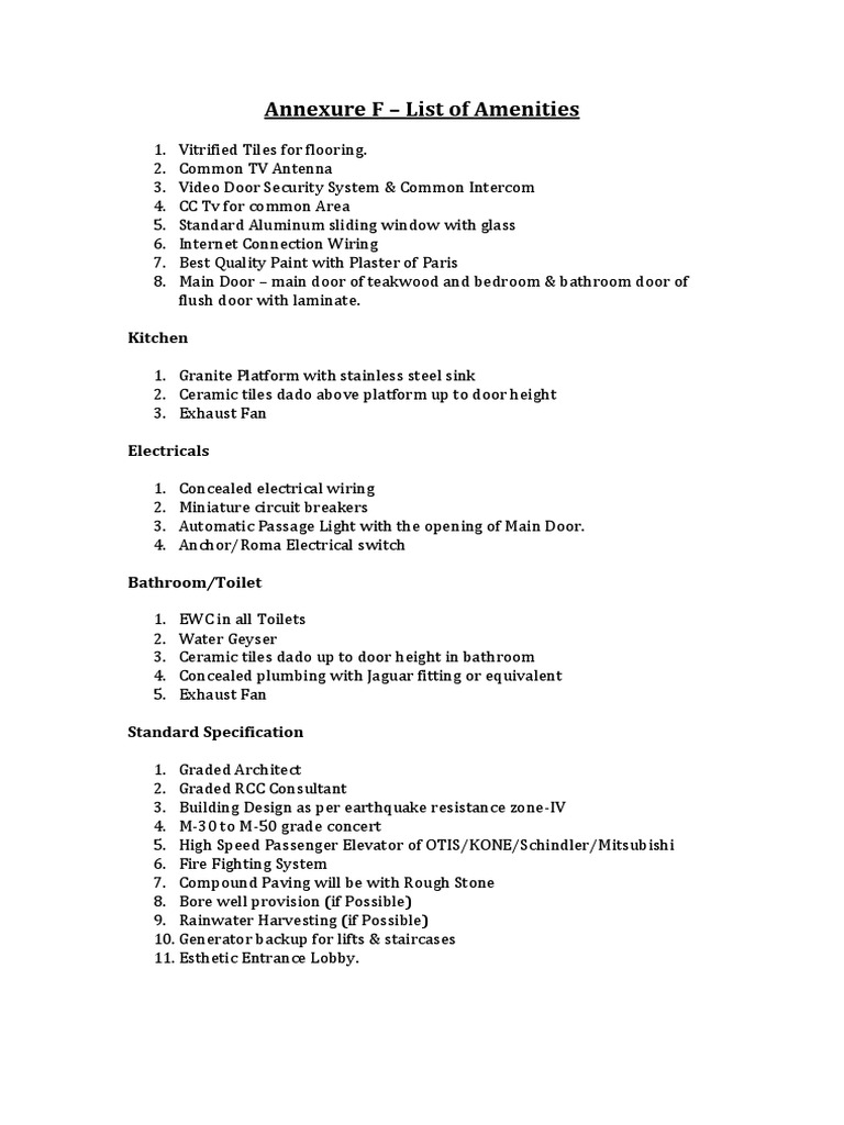 Annex F List of Amenities | PDF