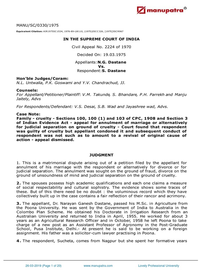 NG Dastane Vs S Dastane 19031975 SCs750330COM807984 | PDF | Burden Of ...