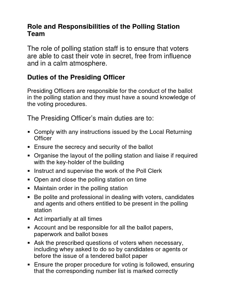 Presiding Officer Job Description | PDF | Polling Place | Postal Voting
