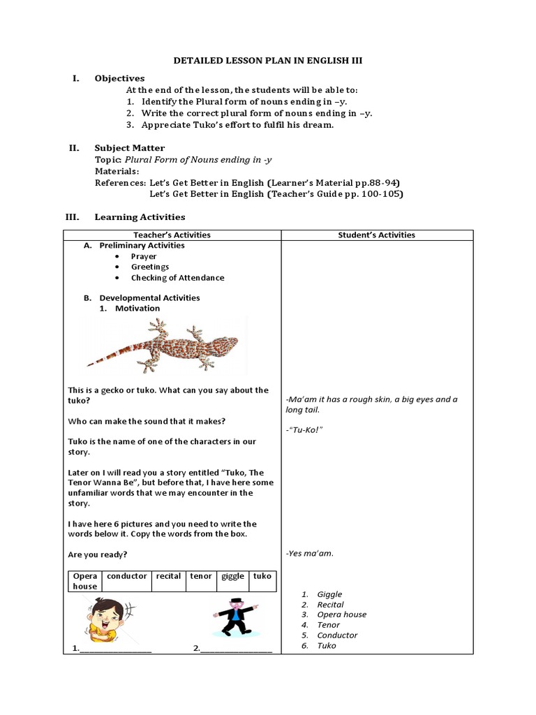 English Lesson: Plural Nouns Ending in -y | PDF | Plural | Lesson Plan