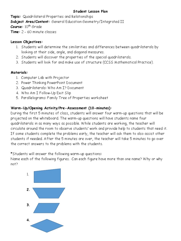 Quadrilateral Properties Lesson Plan | PDF | Rectangle | Euclidean ...