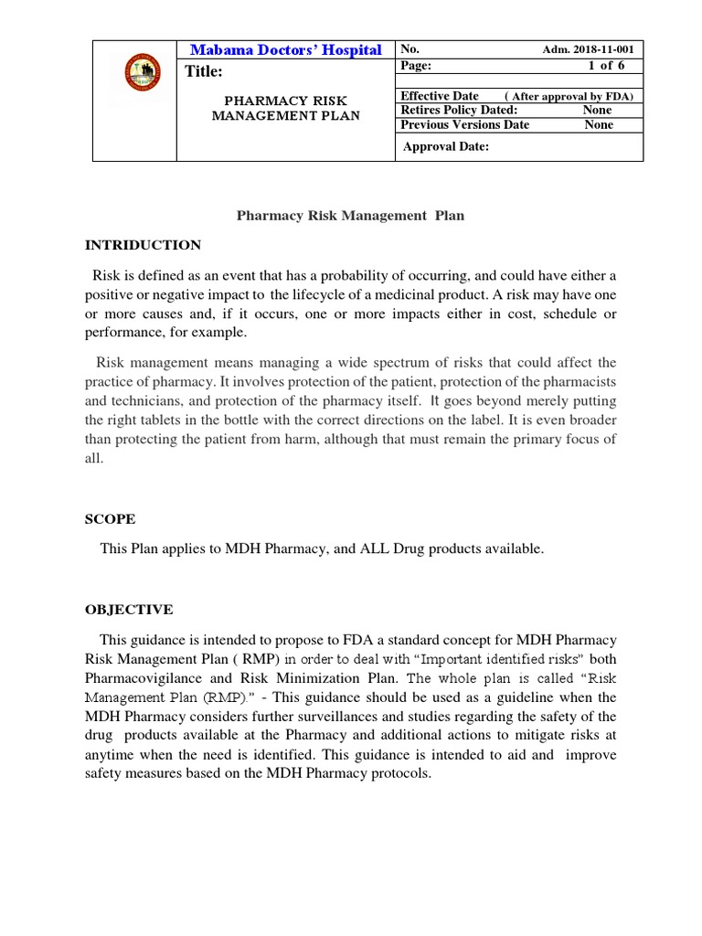 Pharmacy Risk Management Plan Overview | PDF | Pharmacovigilance | Risk ...