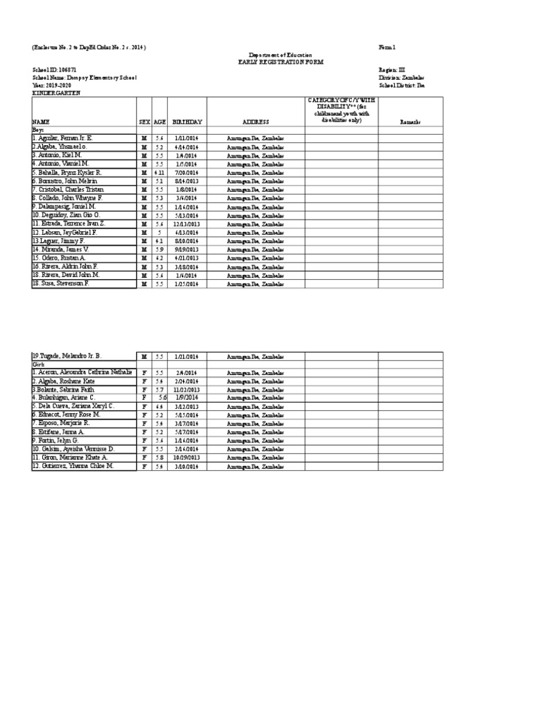 Form 1 Early Registration 1 1 | PDF