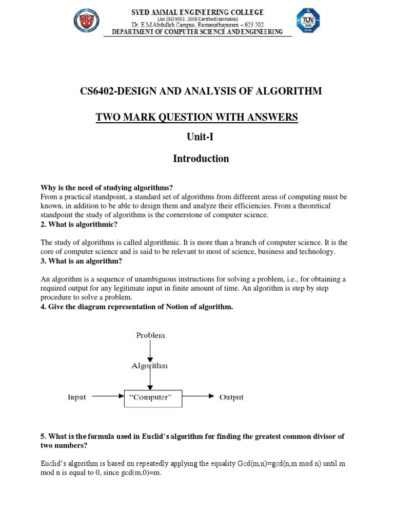 Cs6402 Design And Analysis Of Algorithm Two Mark Question With Answers Unit I Pdf Dynamic