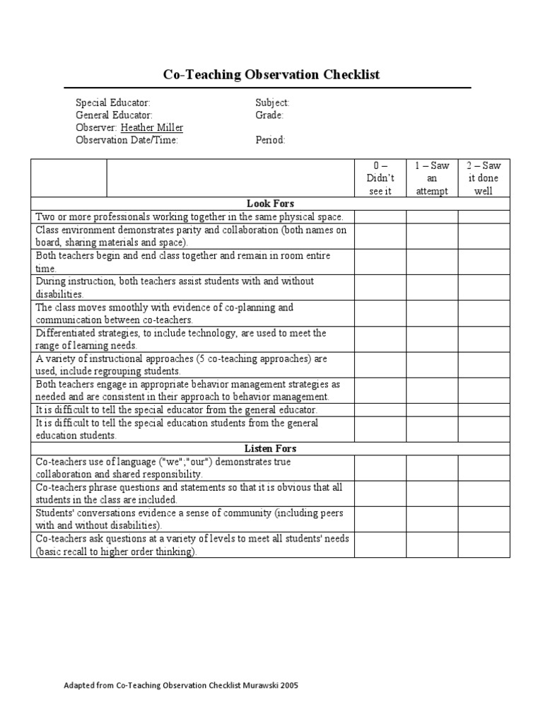 Co-Teaching Observation Form | PDF | Special Education | Individualized ...